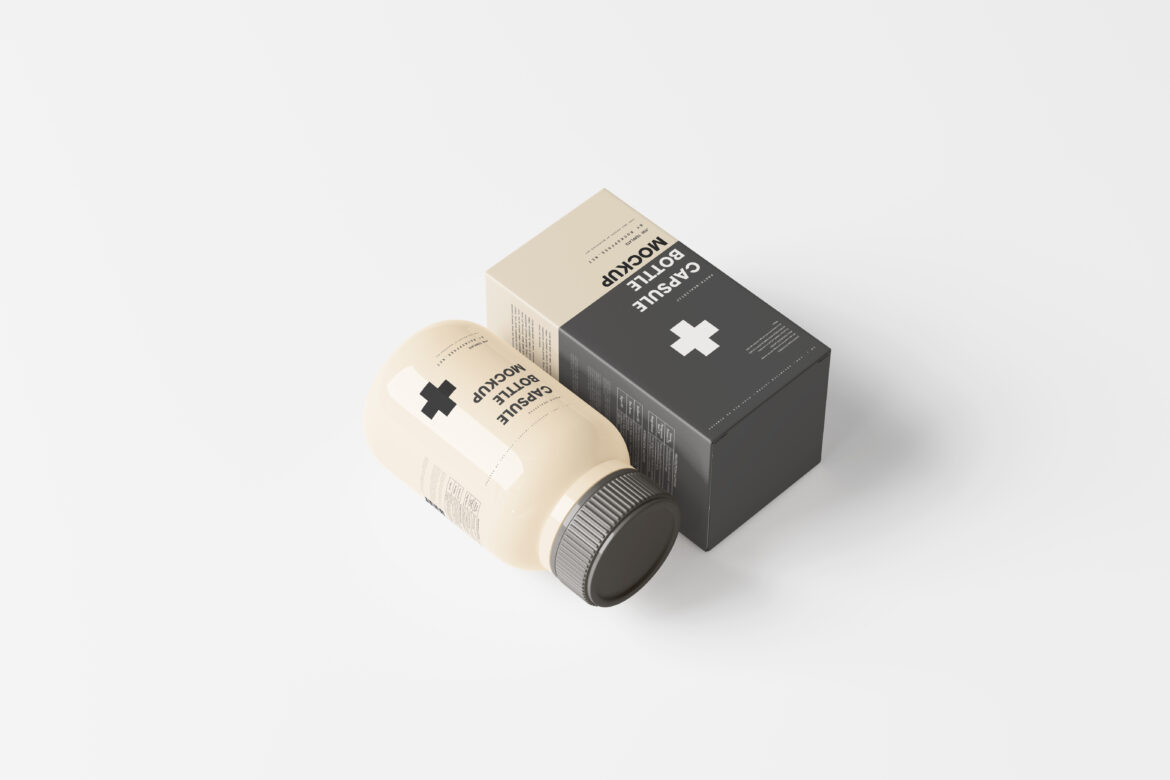 Capsule Bottle with Box Mockup - Mockup Free