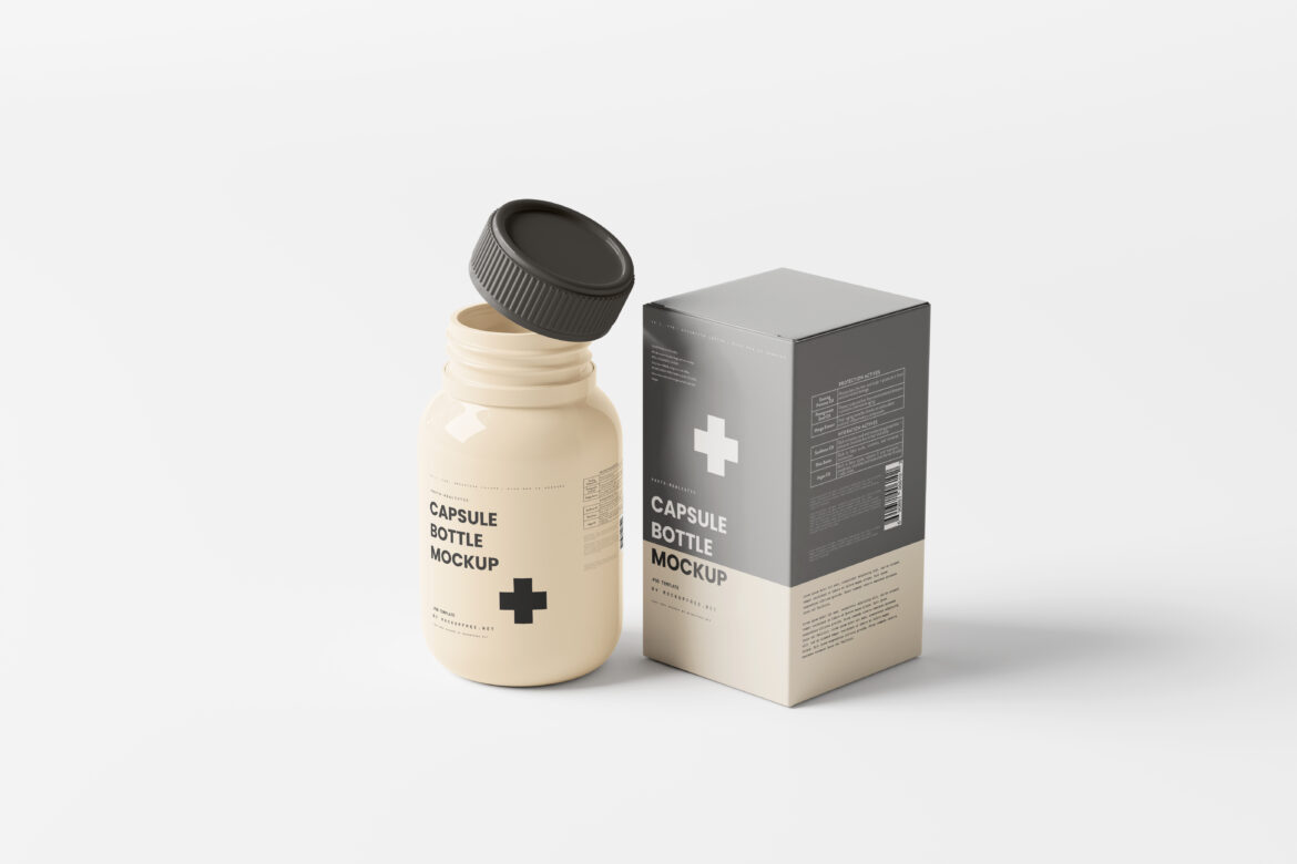 Capsule Bottle with Box Mockup - Mockup Free