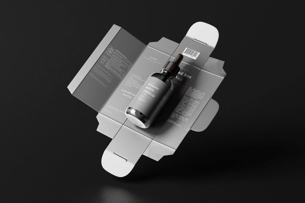 Unfolded Box and Amber Glass Dropper Bottle Mockups - Mockup Free