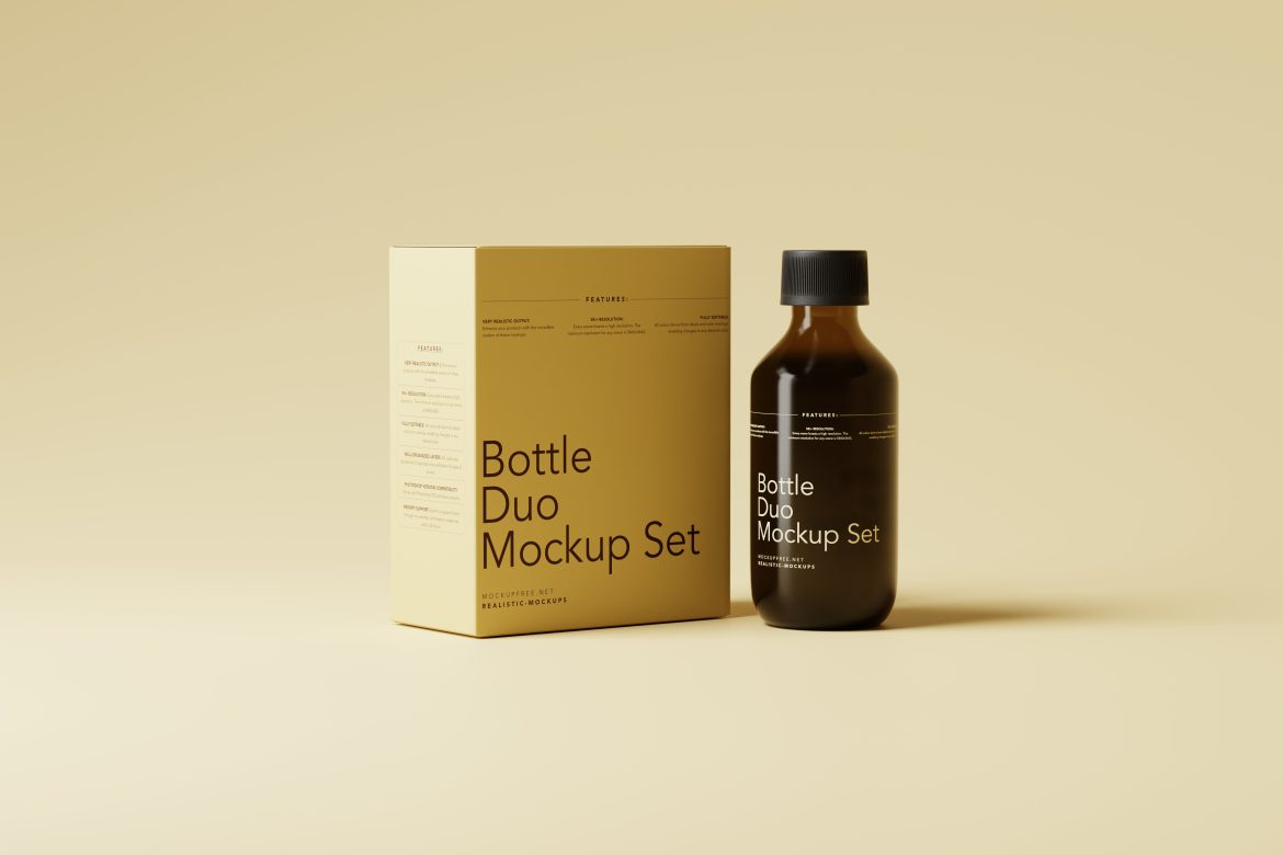 Amber Two Bottle Mockup Set with a Large Box - Mockup Free